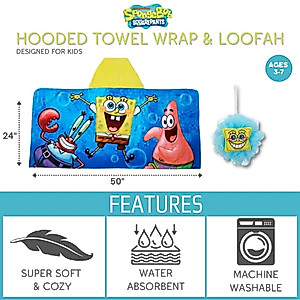 Franco Spongebob Squarepants Kids Bath/Pool/Beach Soft Cotton Terry Hooded Towel Wrap and loofah Set, 24 in x 50 in (Official Nickelodeon Product)