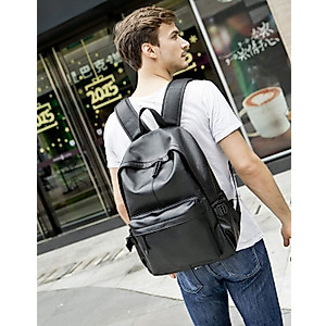 Baosha BP-08 Unisex PU Leather Computer Laptop Bag 15.6 inch College School Backpack Shoulder Bags Travel Hiking Rucksack Casual Daypack Black