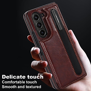 XIMAND for Samsung Galaxy Z Fold 5 Wallet Case with Credit Card Holder and S-Pen Holder,Fold Premium Leather Magnetic Clasp Kickstand Heavy Duty Protective Cover.(Brown)