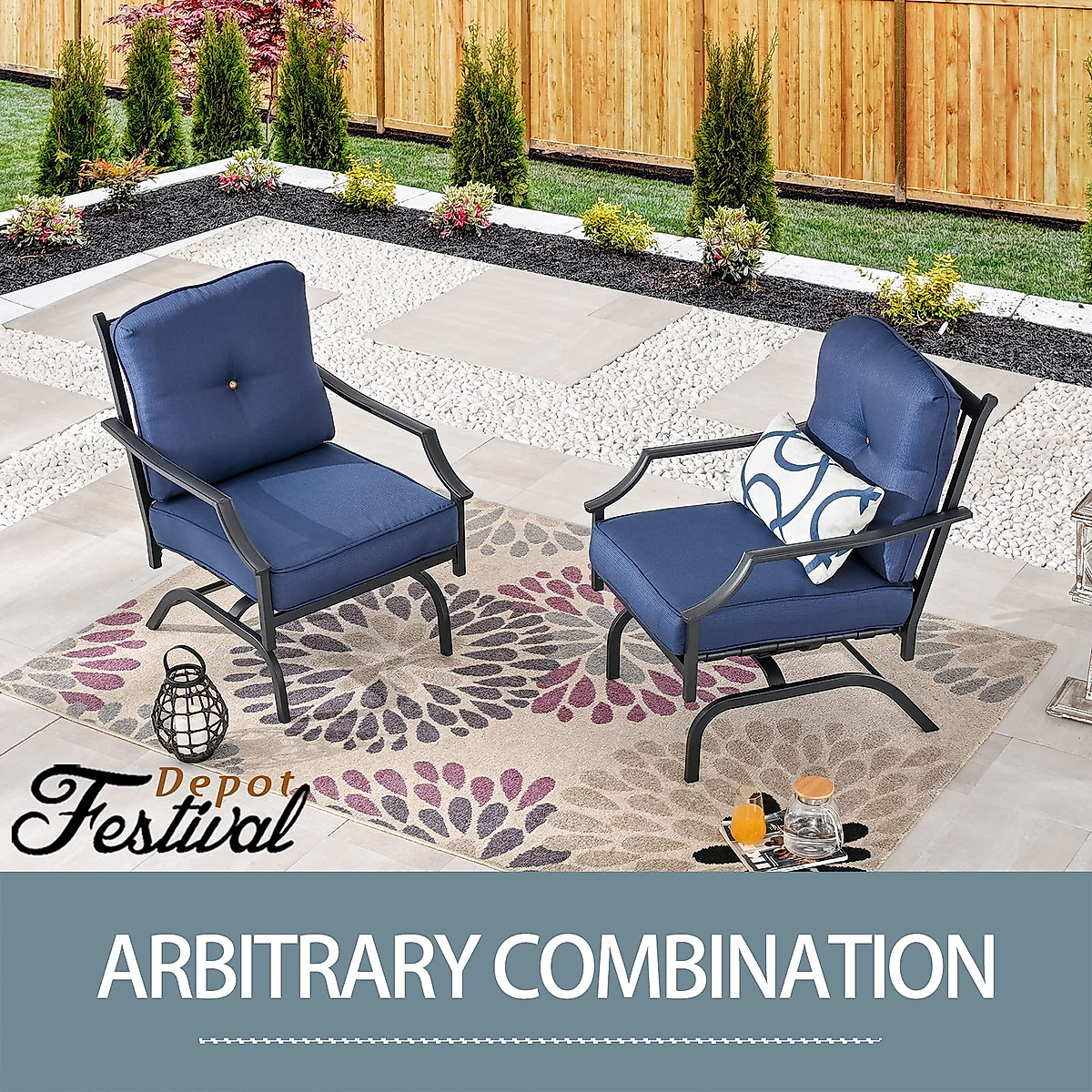 Festival Depot Patio Dining Chair Set of 2 Metal Armchairs with Thick Cushions Outdoor Furniture for Bistro Garden (Blue)