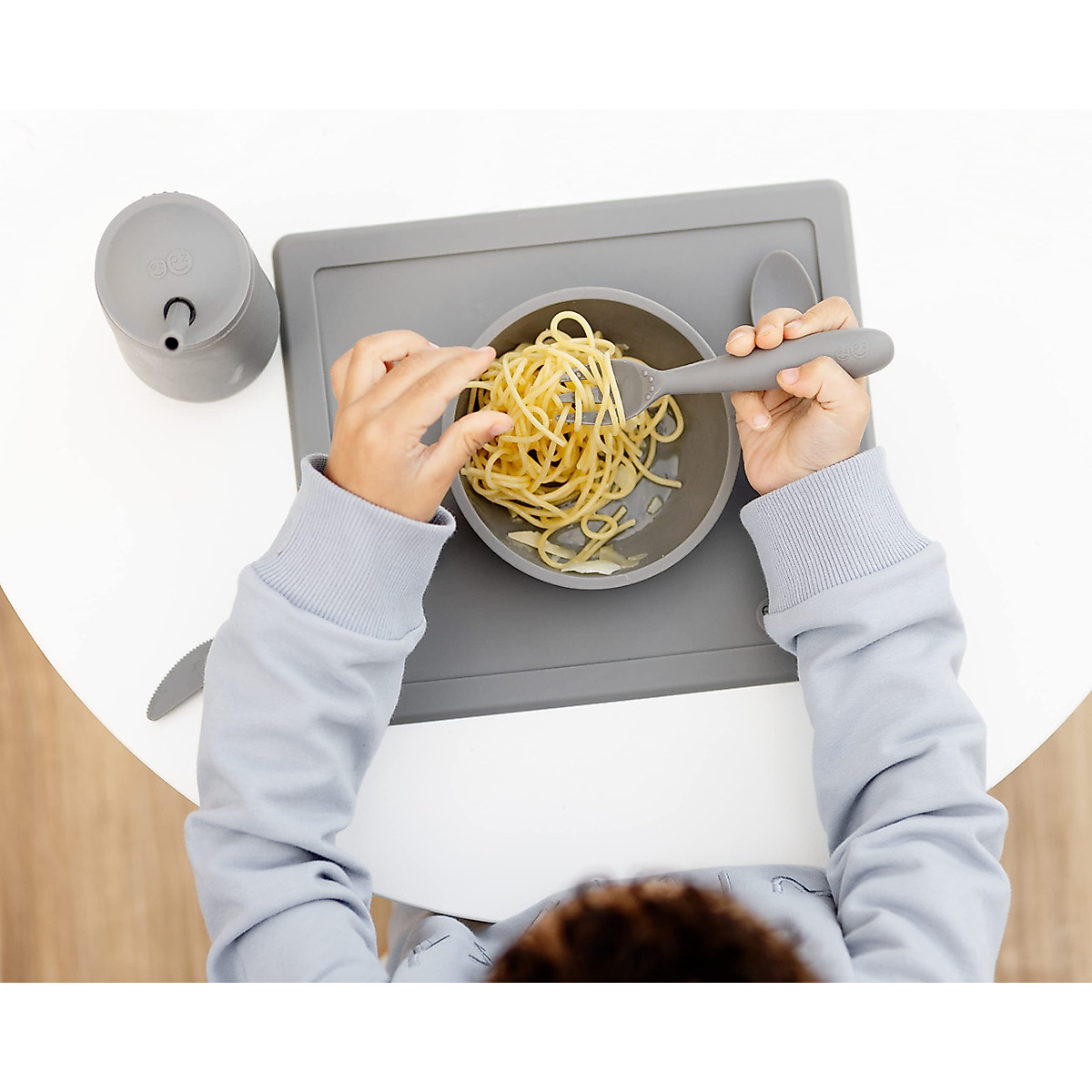 ezpz Happy Utensils - 100% BPA Free Fork, Spoon & Knife for Toddlers + Preschoolers + Self-Feeding - Designed by a Pediatric Feeding Specialist - 24 Months+ (Gray)