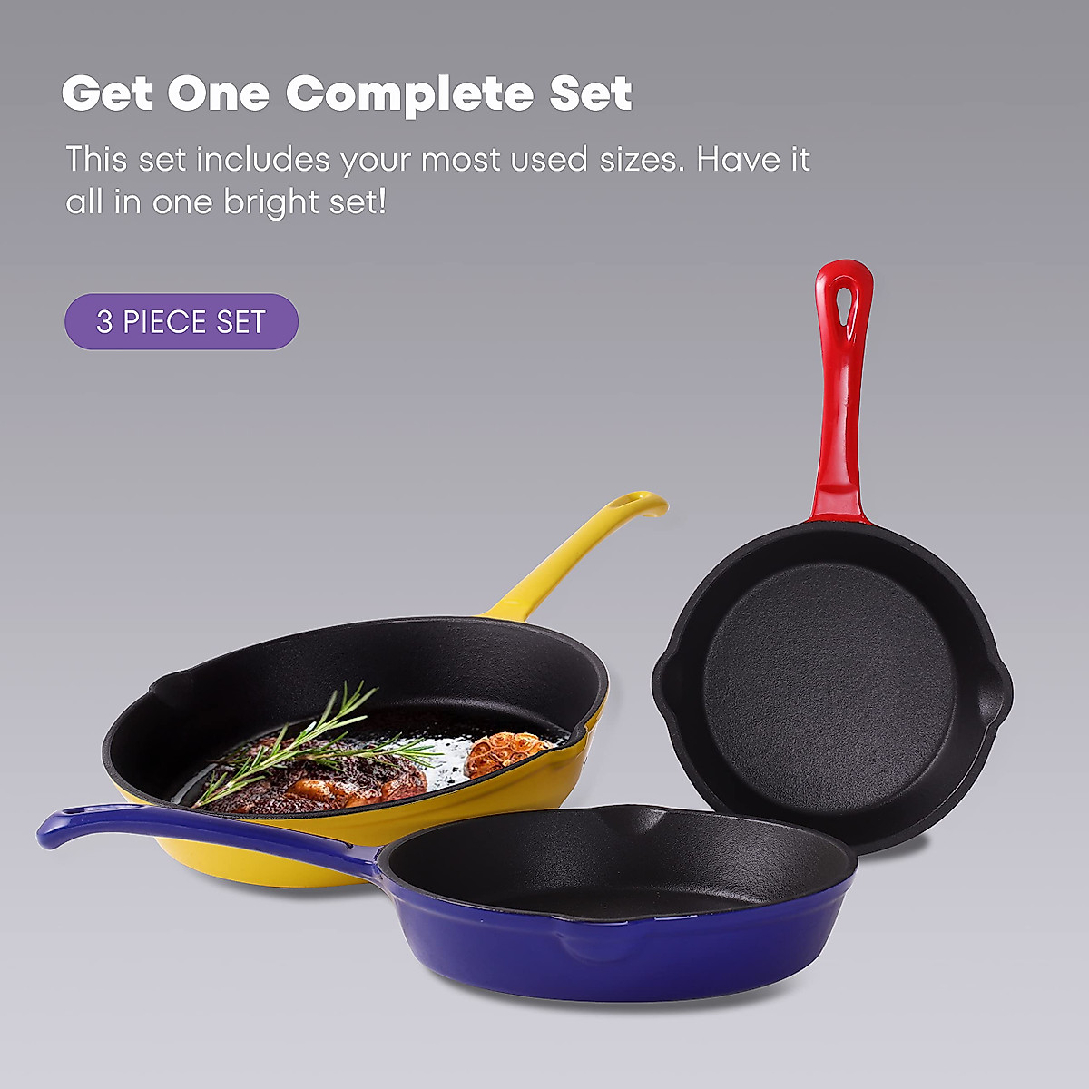 Klee Enameled Cast Iron Skillet, Set of 3 (7-inch, 8.5-inch, 10-inch) - Multipurpose Cooking Pan with Porcelain Enamel Coating and Pour Spout - Safe in Any Stovetop and Oven Up To 500°F