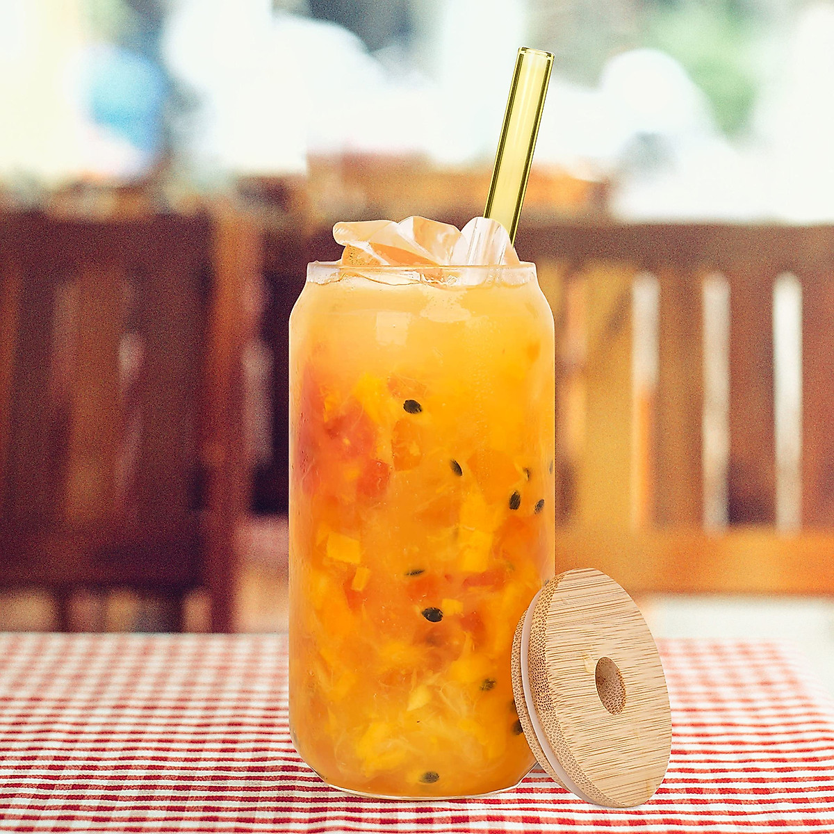 Bamboo Lids for Beer Can Glass, ANOTION Mason Jar Lids with Straw Hole, 4 Reusable Bamboo Mason Jar Drinking Lids for Regular Mouth Mason Jar with 4 Muti-Color Glass Straw for Coffee Boba Cup