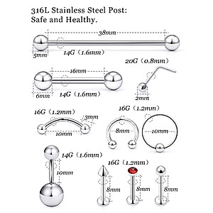 Vsnnsns 14G-20G Body Jewelry Piercing Lot Stainless Steel Nose Horseshoe Lip Tongue Eyebrow Septum Ring Cartilage Tragus Earrings Navel Belly Button Rings Barbells Body Piercing Jewelry Silver 72Pcs