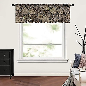 BOBOWUNY Thanksgiving Fall Sheer Window Valance Rod Pocket Valance Curtain, Gold Autumn Maple Leaves Black Backdrop Semi Sheer Drapery for Bedroom Kitchen Window Decor Curtains, 1 Panel 54"x18"