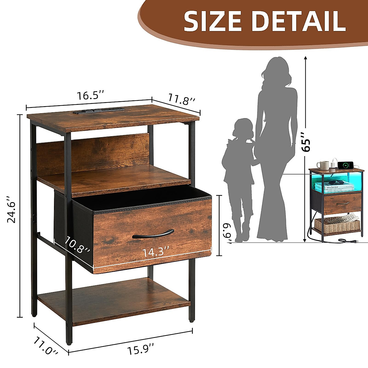 Somdot Nightstand with Charging Station and LED Light for Bedroom, Bedside Table End Table for Dorm Bedside Laundry Closet Entryway Hallway, Wood Grain Print