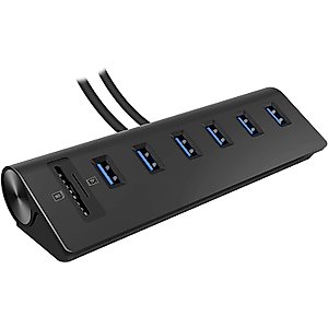 CATECK USB 3.0 Hub, Aluminum Hub with 6 USB 3.0 Ports+SD/TF Card Solts+5V/4A High Capacity Power Supply for Mac, Mac Book Air, Mac Pro,Mac Book Pro, Mac Book, Mac Mini, PCs and Laptops (Black)