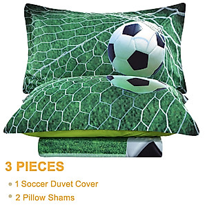 ENJOHOS Green Kids Duvet Cover Queen, 3 Piece 3D Soccer Bedding for All Season, Sports Theme Microfiber Comforter Cover Set with 2 Pillowcase（No Comforter No Fitted Sheet）