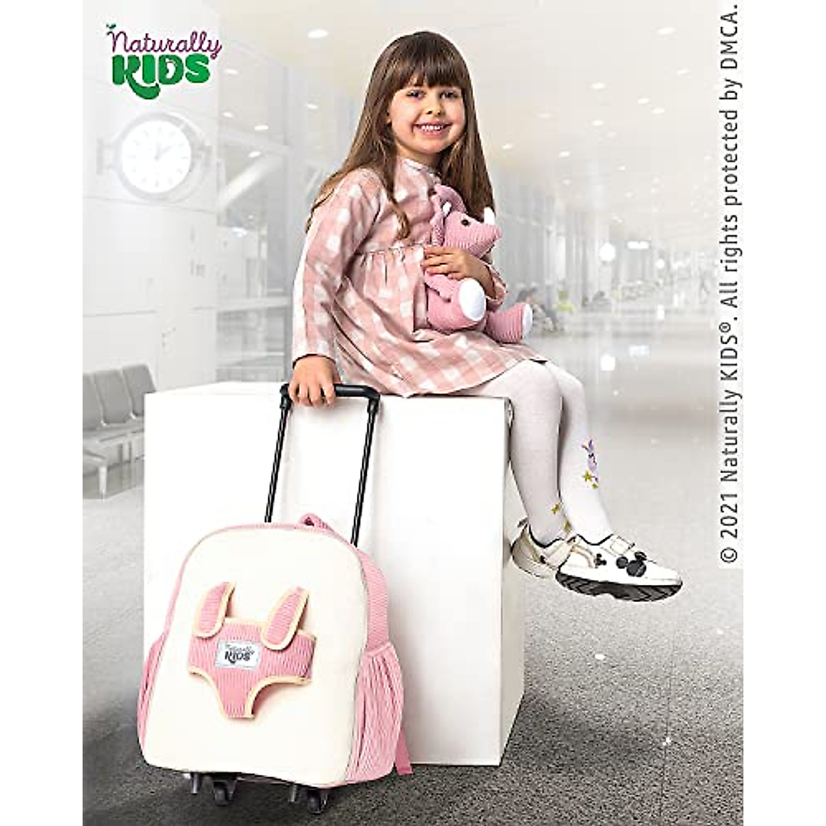 Naturally KIDS Dinosaur Backpack - Dinosaur Toys for Kids 3-5 - Kids Suitcase for Girl Boy w Stuffed Animal - Gifts for 7 Year Old - w Pockets & Reflective Logo - Rolling Backpack w Pink Triceratops