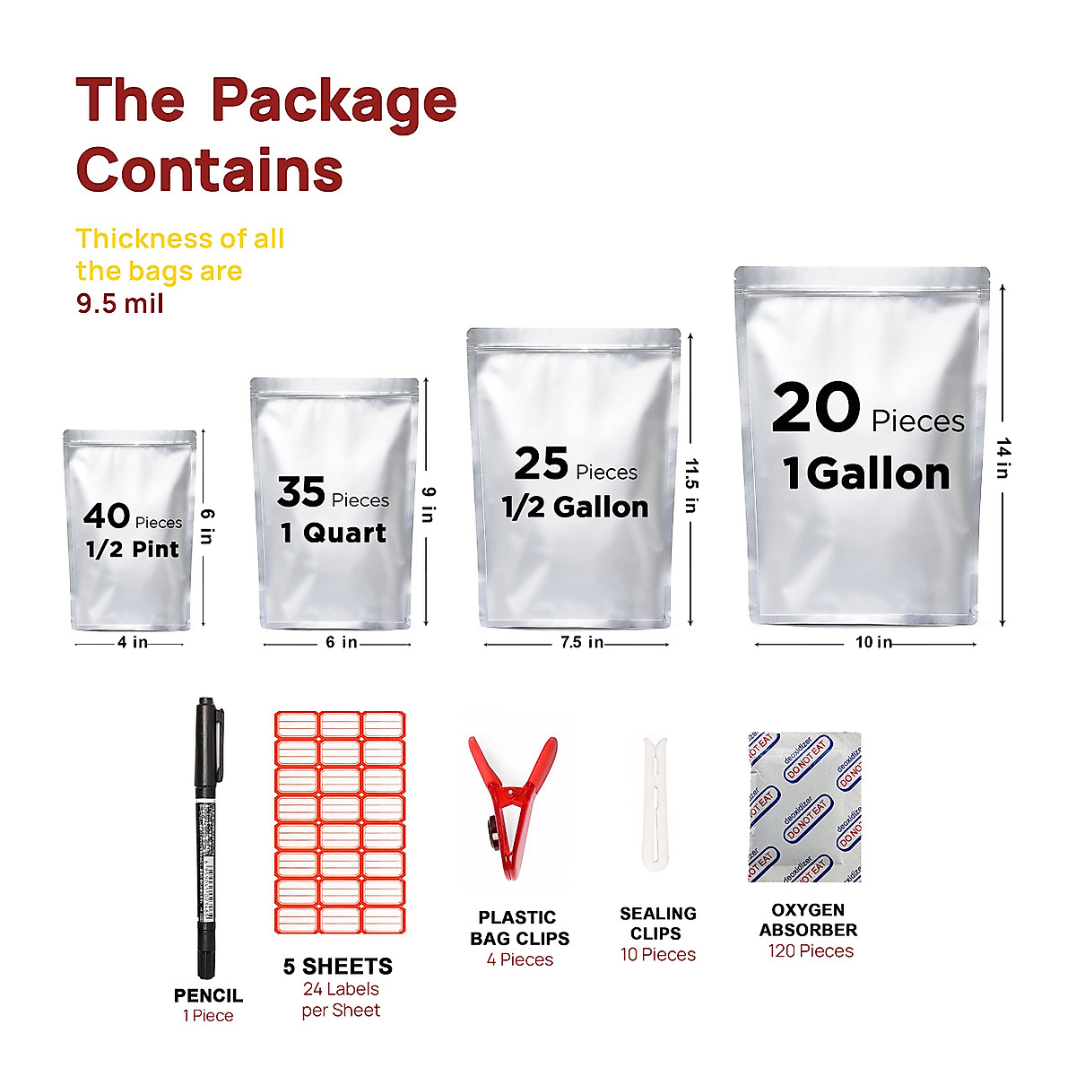 Mylar Bags for Food Storage,120 Pcs in 4 Sizes With 400cc Oxygen Absorbers, 9.5Mil Holographic Large Vacuum Resealable Zip Lock, Smell Proof Comes with Sealing & Food Clips, Labels & Pencil, Silver