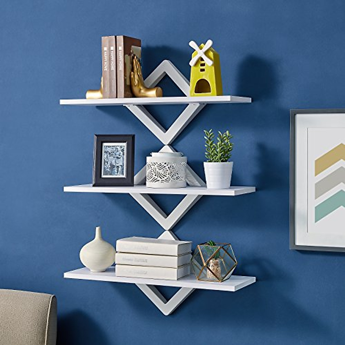 Danya B. Diamonds 3-Level Shelving System – Decorative Floating Shelves –Wall Mount – White