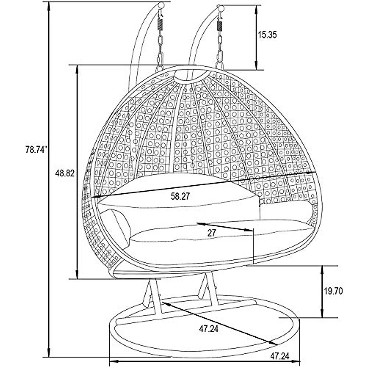 ISLAND GALE® Elegant Design Double SEAT Wicker Swing Chair DIY Suit Your OWN Hanging Convenience. (Latte/Cream) Base and Poles are Not Included.