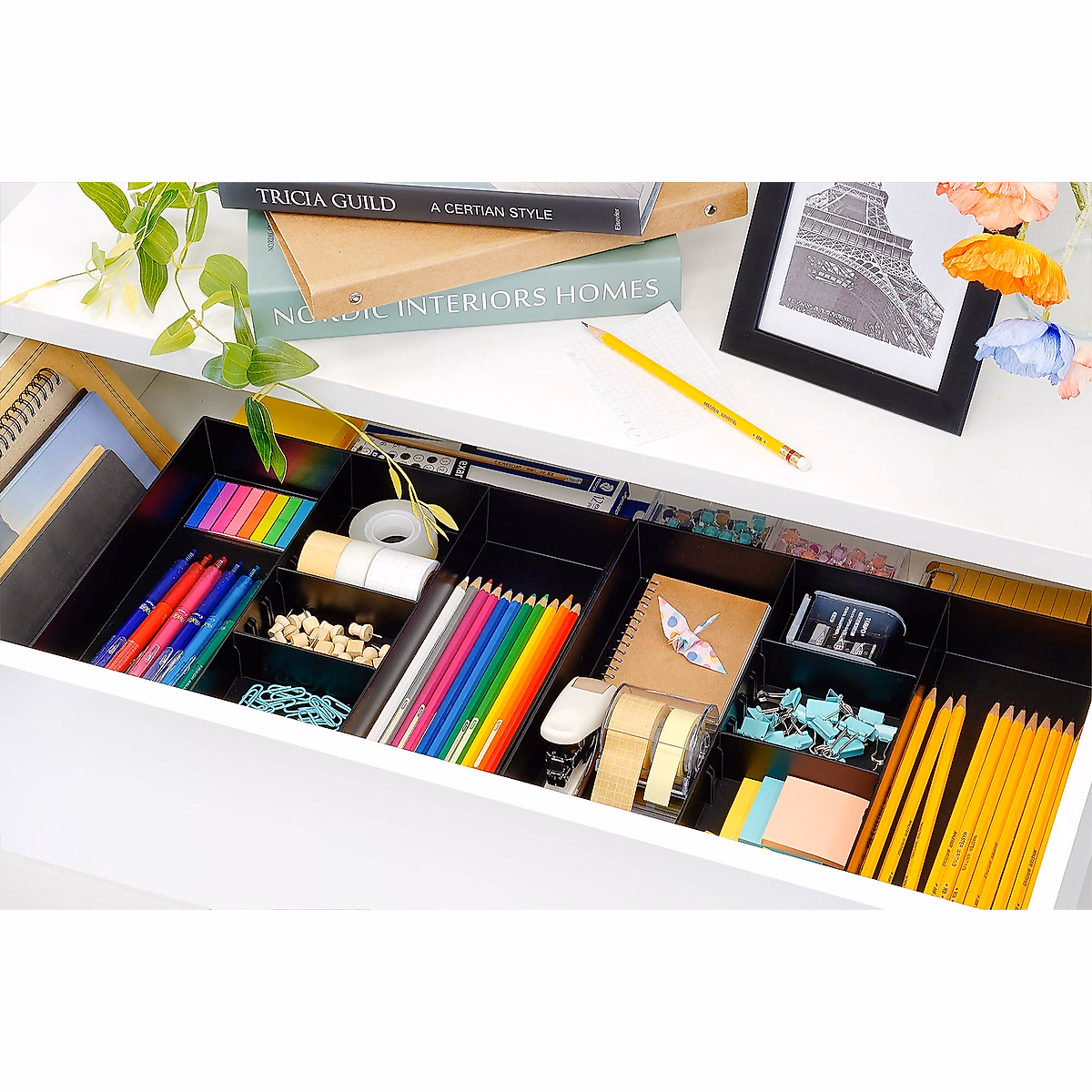 CAXXA 5 Tier Mesh Letter Tray, Desk File Organizer, Desktop Paper Tray Holder with Drawer, Black