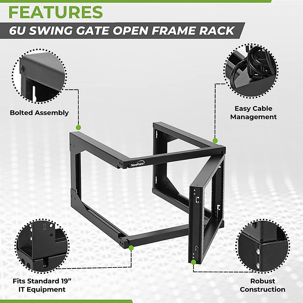 NavePoint 6U Server Rack with Swing Gate - 6U Wall Mount Rack for 19 Inch IT Equipment Open Frame Rack – Network Rack Wall Mount for AV & Server Equipment 18” Deep 6U Rack, Black