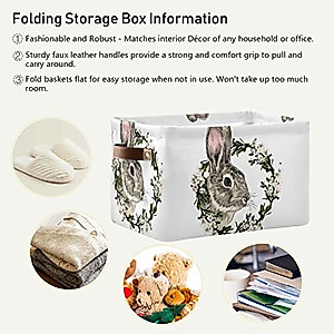 Easter Rabbit Flower Rectangular Storage Basket Storage Bin Collapsible Storage Box with Leather Handles Empty Gift Baskets Organizer for Office, Closet