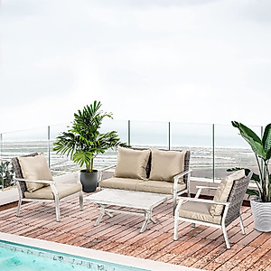 Outsunny 4 Pieces Patio Furniture Set with Cushions, Outdoor Wicker Conversation Sofa Sets, Aluminum Frame Sofa Sets for Backyard, Poolside, Garden, Beige