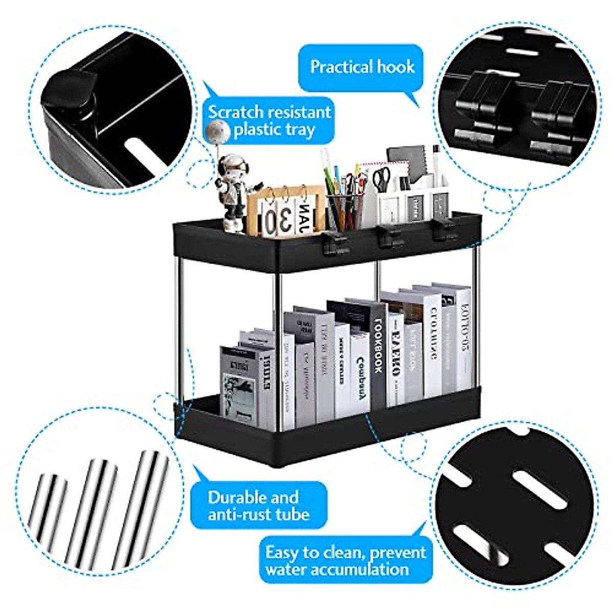 Under Sink Organizer, UBeishun 2 Tier Bathroom Sink Organizer with Hooks, Cleaning Supplies Holder, Multi-purpose Storage Shelf for Home Kitchen Cabinet Organization (2 Pack)