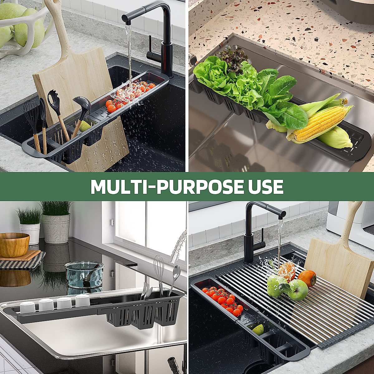 Black Over The Kitchen Sink Caddy Sponge Holder Organizer Drying Rack,Kitchen Soap Dispenser Caddy Organizer, Countertop Soap Dish Rack Drainer with Removable Expandable Drain Tray 11.4" to 22.8"