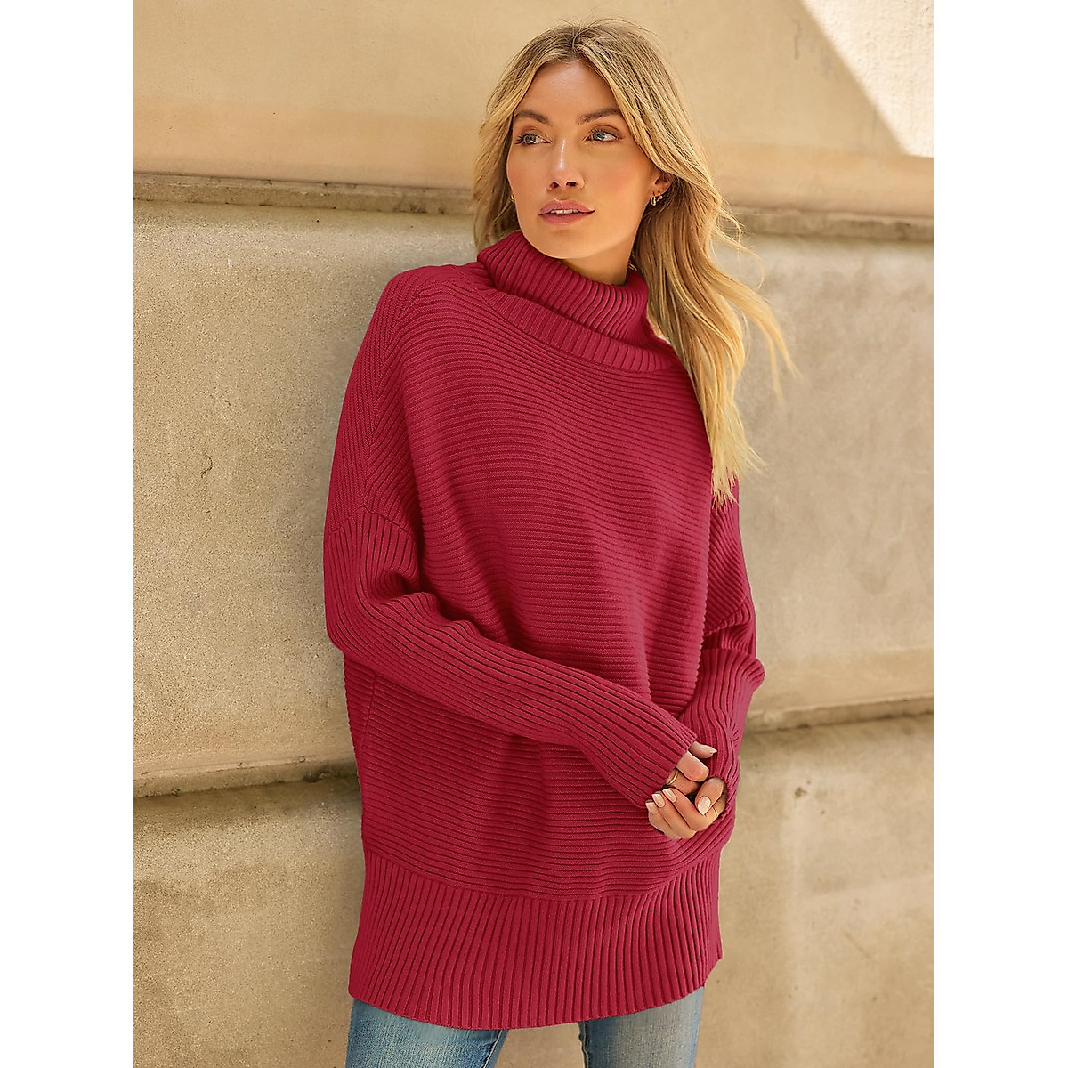 LILLUSORY Womens Turtleneck Oversized Tunic Fall Sweaters 2025 Casual Long Pullover Knit Winter Cute Poncho Fashion Trendy Clothes Outfits Clothing Tops Leggings Red