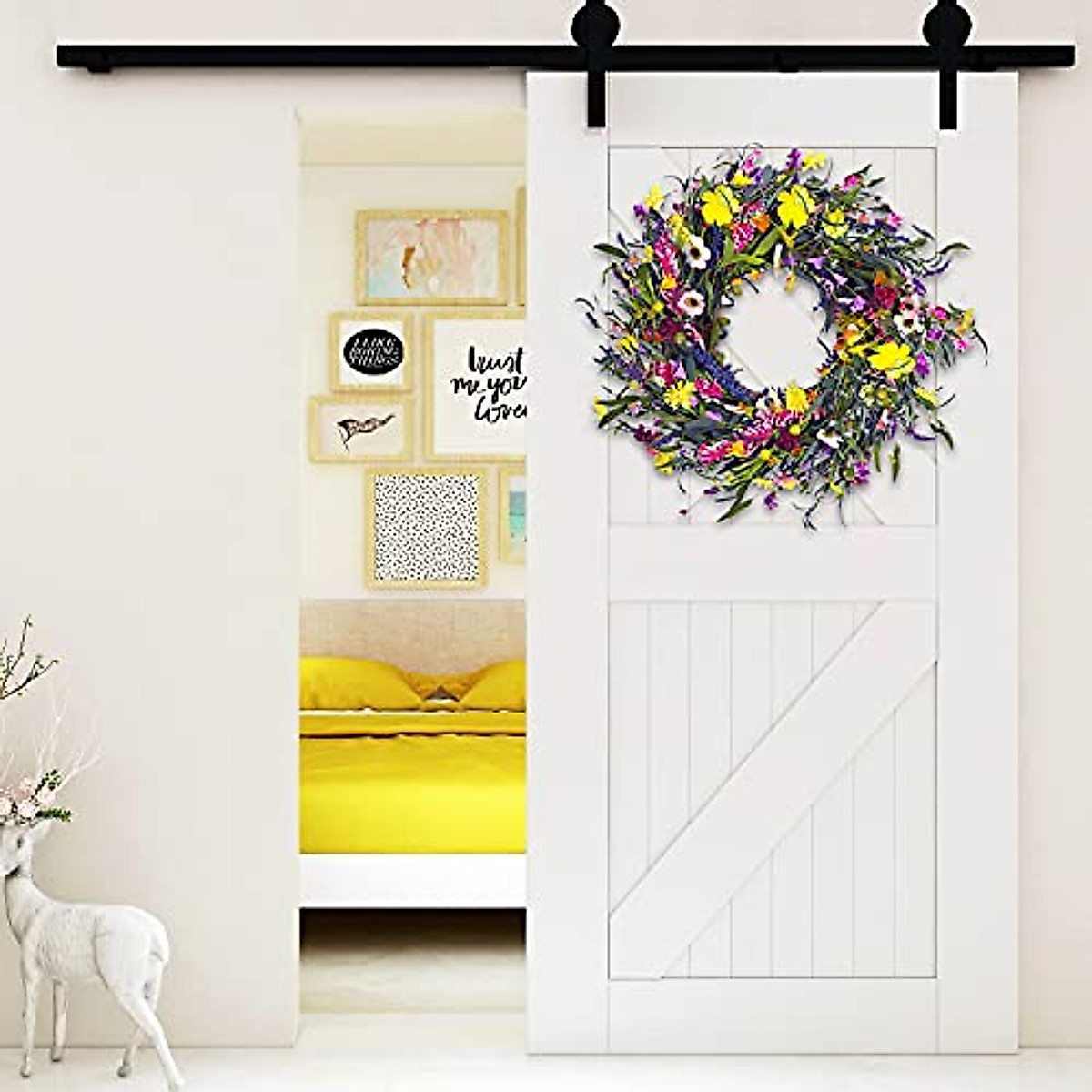 Sggvecsy Daisy and Lavender Wreath 22’’ Wildflower Spring Summer Artificial Silk Wreath for Front Door Home Wall Wedding Festival Farmhouse Holiday Decor