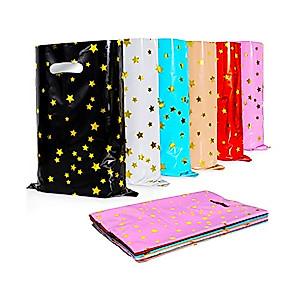 SZEJONAN Bright Colorful Plastic Party Faovr Bags Bulk Goodie bags for Kids Birthday Party (48 Pcs, Gold Stars)