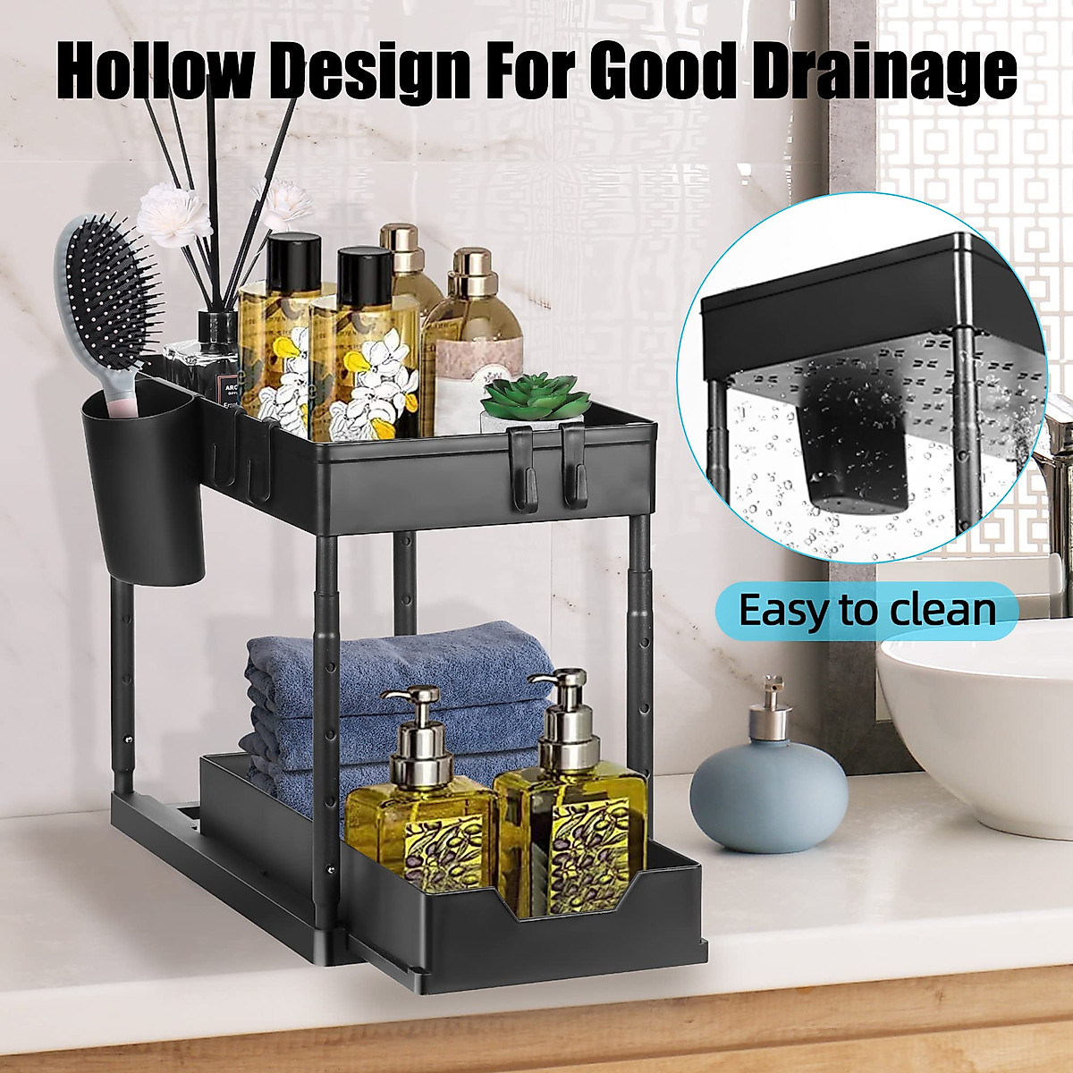 Eufrozy Under Sink Organizers for Bathroom, 2 Tier Adjustable Height Under Cabinet Sliding Storage, Black Under Counter Drawers Slide Out for Kitchen Organization Shelf with 8 Hook 2 Cup