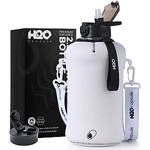 H2O Capsule 2.2L Half Gallon Water Bottle with Storage Sleeve and Covered Straw Lid – BPA Free Large Reusable Drink Container with Handle - Big Sports Jug, 2.2 Liter (74 Ounce) Canvas White