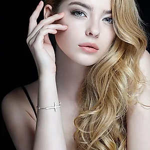 BlingGem Cross Bracelet for Women Sterling Silver Sideways Cross Dainty Religious Symbol Faith God Blessed Confirmation Baptism Jewelry Gifts for Women