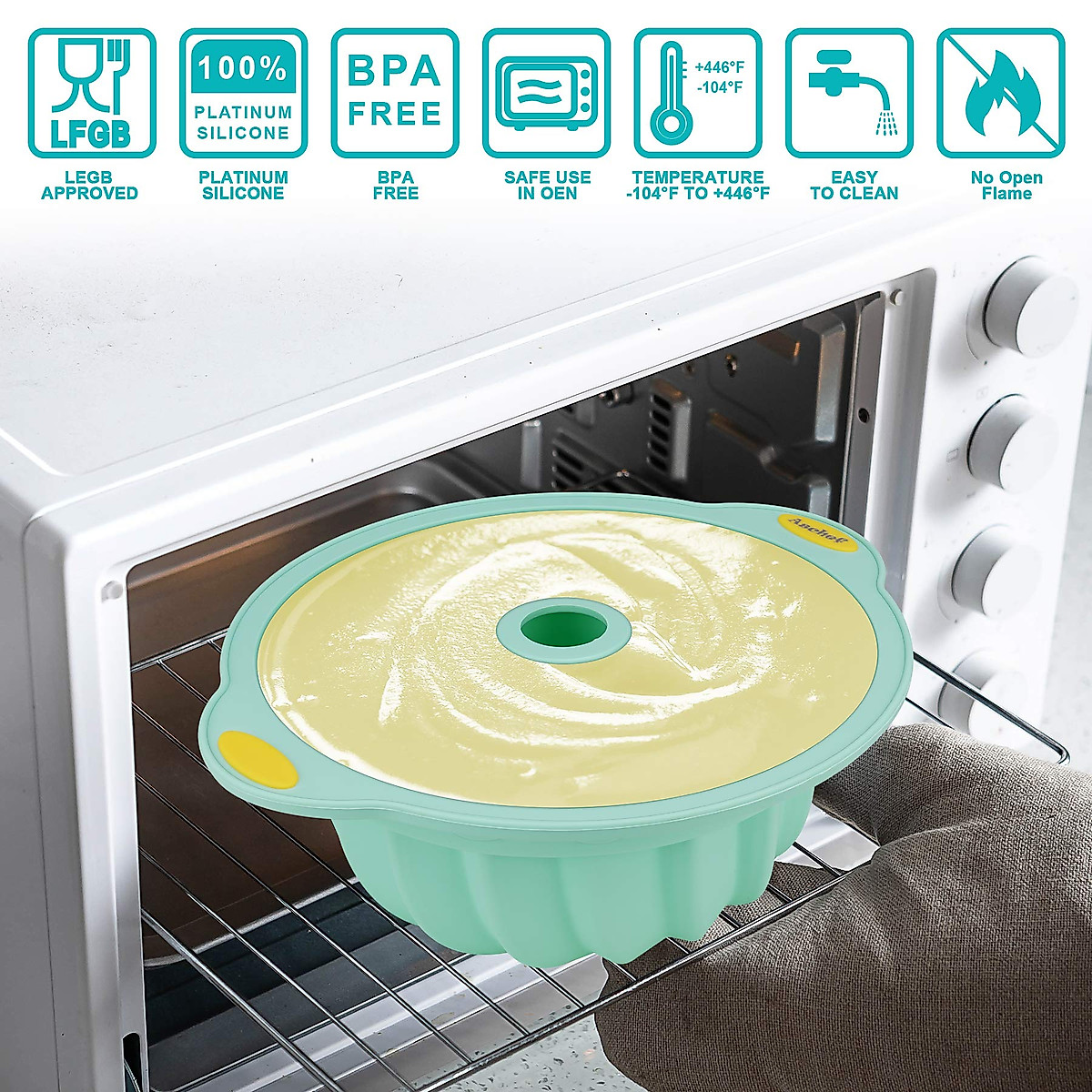 Aschef Steel Reinforced Frame Nonstick Silicone Bundt Cake Pan Baking Mold w/Baking Mat Set-BPA Free, Dishwasher & Microwave Safe