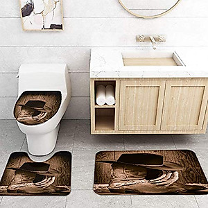 Bathroom Accessory Sets Toilet Lid Cover Sets with Non-Slip Bath Mat Cowboy Hat and Old Ranching Rope On Wooden Display Rodeo Cowboy Style 4pcs Waterproof Shower Curtain 66x72in for Bathroom Toilet