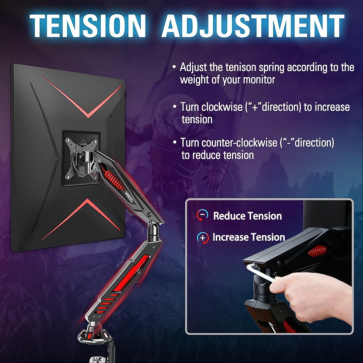 MOUNT PRO Single Gaming Monitor Stand - Mechanical Spring Monitor Mount, Adjustable Gaming Monitor Arm with C Clamp and Grommet Mounting Base - Fits for Computer Screen up to 32”, VESA 75x75, 100x100