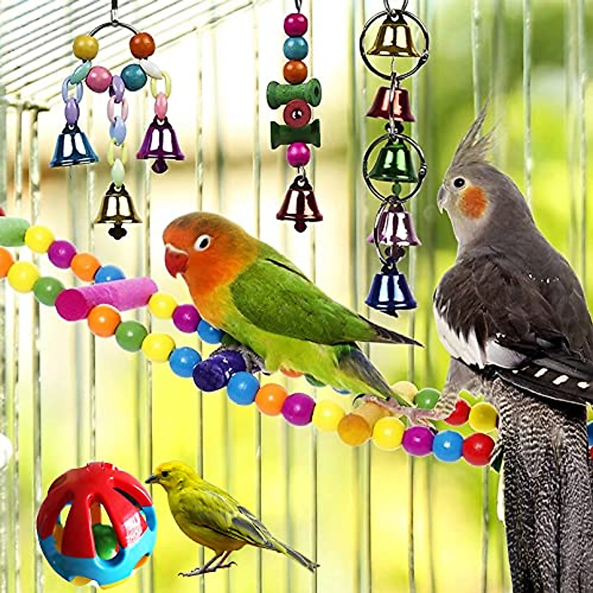 Hamiledyi Bird Parrot Swing Chewing Toy Set 15PCS Wooden Hanging Bell with Hammock Climbing Ladders Colorful Pet Birds Cage Toys for Small Parakeet Cockatiel Conures Finches Budgie Macaws Love Birds