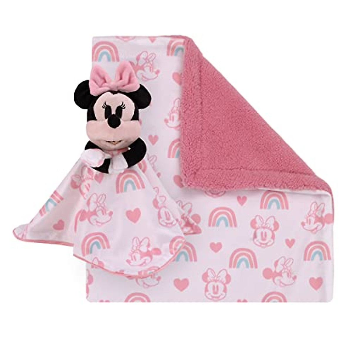 Disney Minnie Mouse White, Pink, and Aqua Rainbows and Hearts Super Soft Sherpa Baby Blanket and Security Blanket 2-Piece Set