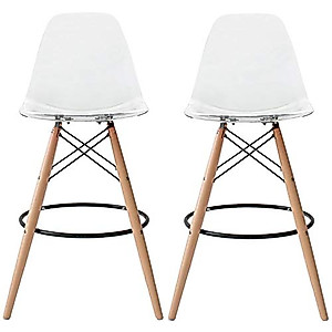 2xhome Set of 2 Modern 28" Plastic Barstools with Wooden Dowel Legs, Contemporary Armless Counter Stools with Back and Footrest, Clear