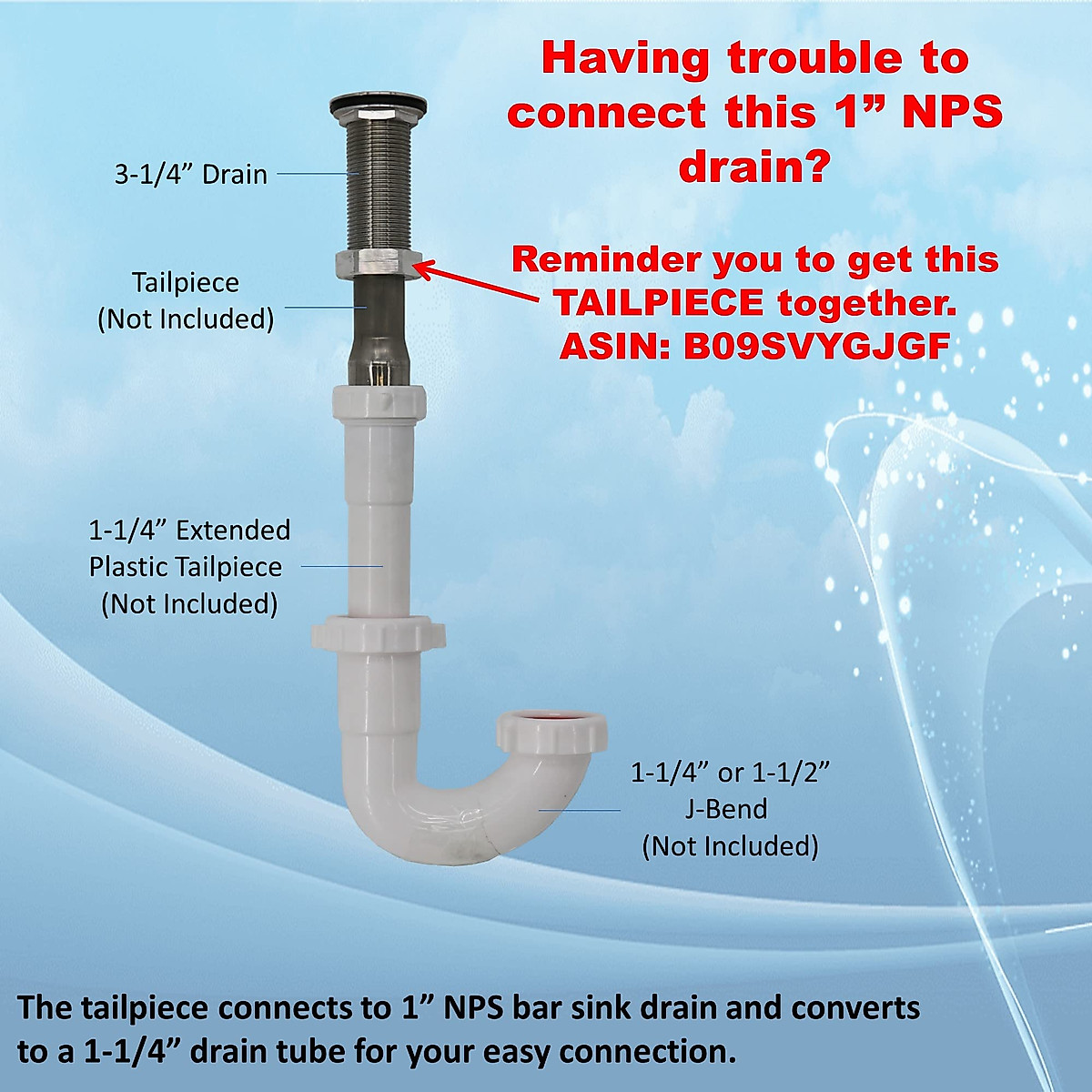 AA Faucet Stainless Steel Bar Sink Drain 1" Nominal Pipe Size (1" NPS) for 1-3/8" Sink Opening