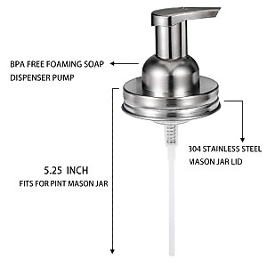 Amolliar Mason Jar Foaming Soap Dispenser Pump Lids, Rustproof Stainless Steel Lid Plastic Pump for Regular Mouth Mason Jar, Kitchen Bathroom Farmhouse Decor, Waterproof Stickers, Brushed Nickel 2Pack