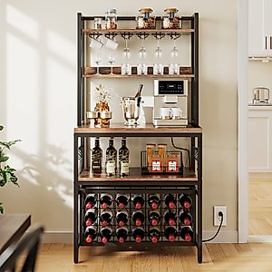 YITAHOME Kitchen Microwave Bakers Stand with Wine Rack, Wine Rack Freestanding Floor, Small Storage Shelves for Liquor Bottle Glasses Power Outlet Farmhouse Coffee Bar 31 Inch, Rustic Brown