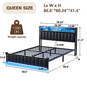 Alohappy Queen Bed Frame with Bookcase Headboard and LED Light,Upholstered Platform LED Bed Frame with Charging Station,Type-C & USB Ports,No Box Spring Needed,Easy Assembly and Noise Free