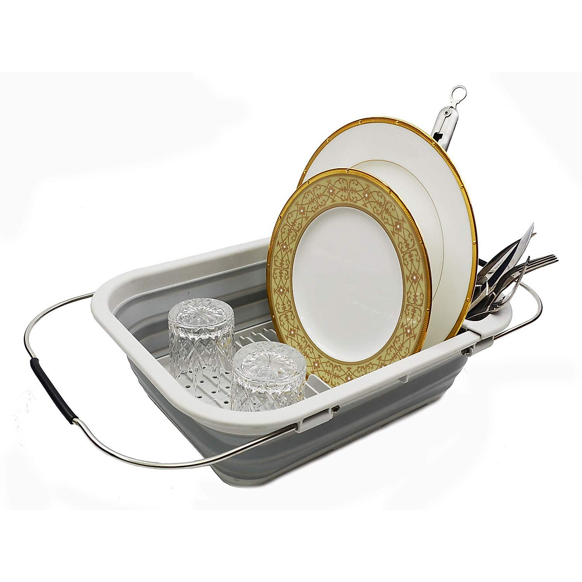 SAMMART Expandable & Collapsible Dish Drainer - Foldable Drying Rack Set - Portable Dinnerware Organizer - Space Saving Kitchen Storage Tray (1, Grey)