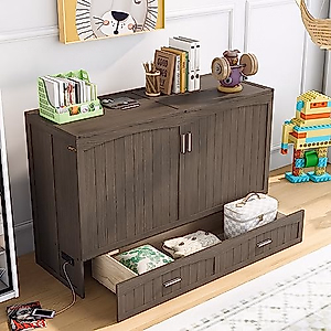 Queen Size Mobile Murphy Bed Solid Wood Foldable Platform Bed for Guest Rooms Queen Murphy Bed Cabinet Hidden Murphy beds (Antique Gray)