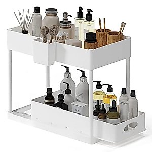 Under Sink Organizers and Storage, Bathroom Cabinet Organizer, Sink Shelf with Utility Hooks and Side Caddy for Under Cabinet Storage | Under Kitchen Sink Organizer with Sliding Drawer, White (1-Pack)
