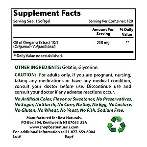 Best Naturals Oregano Oil 250 Mg Softgels, 120Count