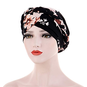 Awlsyj Chemo Cancer Head Hat Cap Ethnic Bohemia Pre-Tied Twisted Braid Hair Cover Wrap Turban Headwear (D Black Pink Flower)