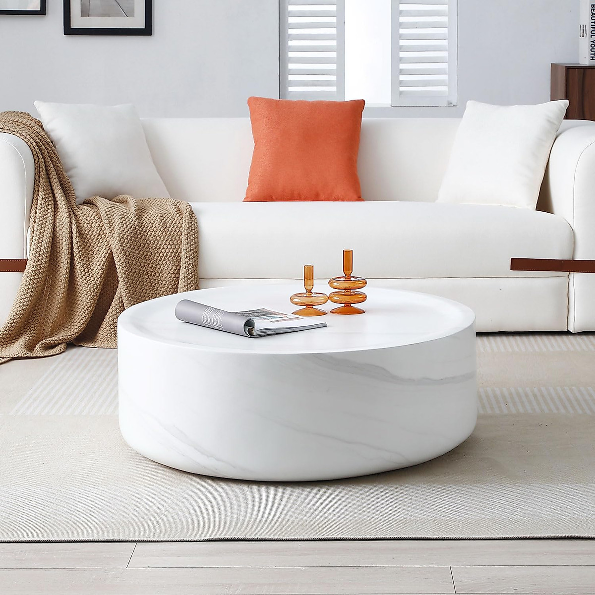 35.43" Faux Marble Coffee Table, Round White Coffee Table for Living Room, Modern Drum Circle Fiberglass Coffee Table for Living Room, ø35.43"*11.81"H (White)