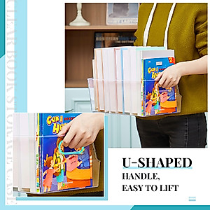 Menkxi 4 Pcs Clear Large Storage Book Display Case 13 x 8.5 x 5.9 Inch Book Organizer Stackable Bookcase Display Storage Containers with Handle Office Bookshelf Organizer Rack for CDs Magazine Books