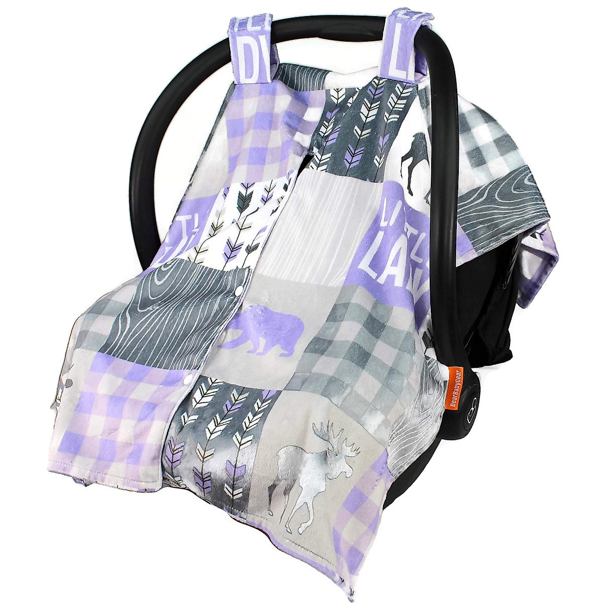 Dear Baby Gear Deluxe Reversible Car Seat Canopy, Custom Minky Print, Adventure Little Lady Faux Quilt Lavender and Lavender Lumberjack Plaid