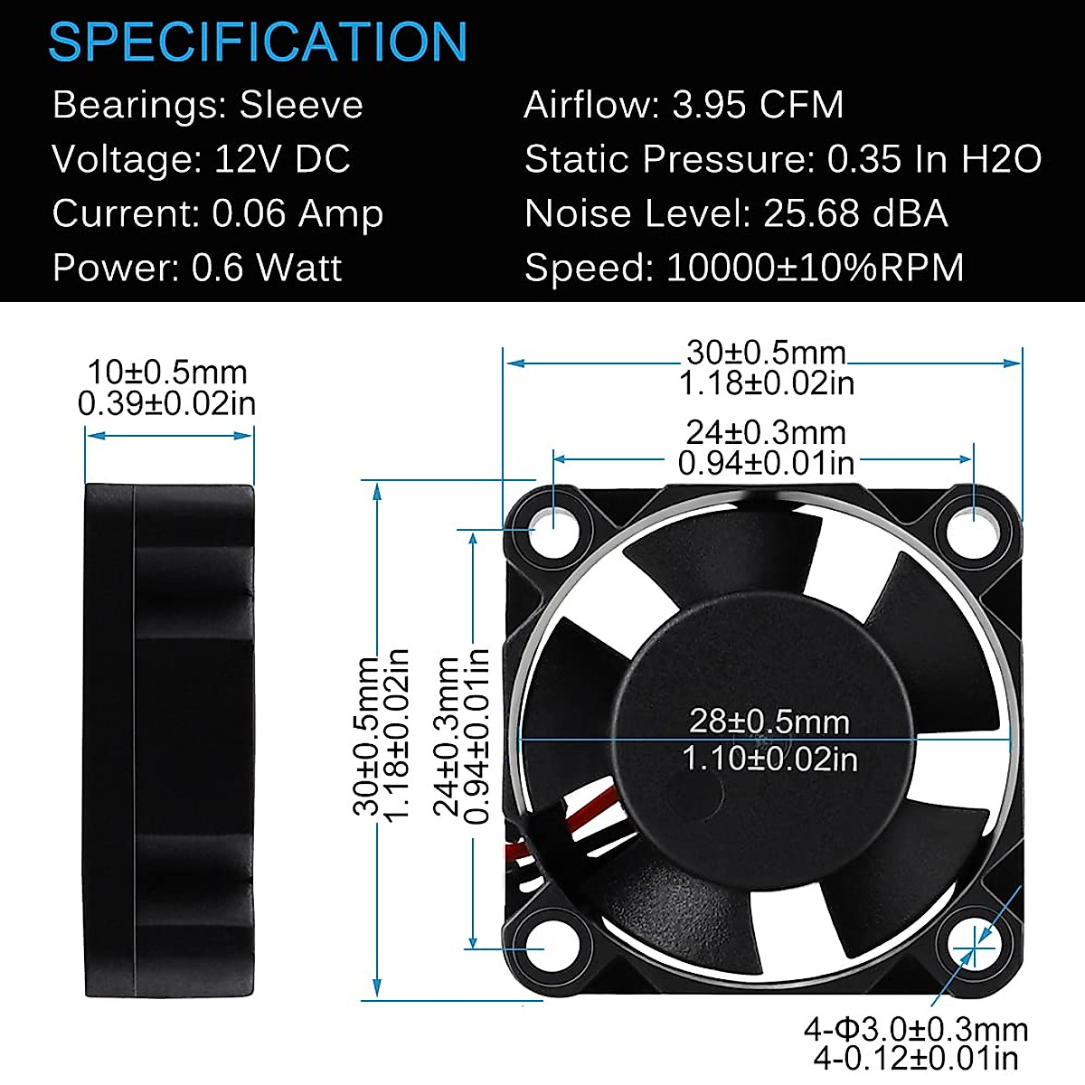 GDSTIME 30mm x 30mm x 10mm 1 inch Small 12V DC Brushless Cooling Fan 2-Pack