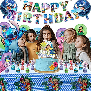 Stitch Birthday Party Supplies, Stitch Birthday Decorations Include Birthday Banner, Foil Balloons, Cupcake Toppers, Tablecloth