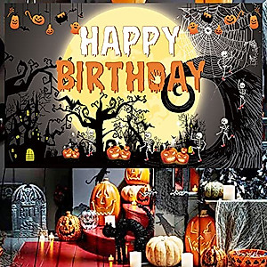 Famoby Happy Birthday Halloween Theme Fabric Sign Poster Banner Backdrop Halloween Pumpkin,Ghouls, bat,spide for Brithday Photo Booth Background Party Decoration