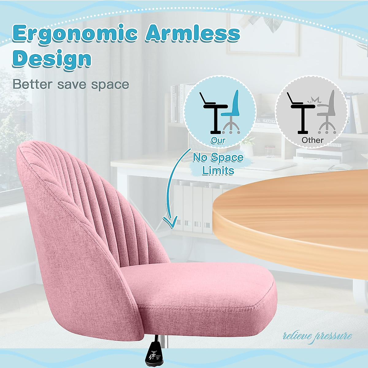 Furniwell Office Chair Armless Cute Desk Chair Modern Adjustable Swivel Padded Fabric Vanity Task Computer Chair Home Office Desk Chairs with Wheels (Pink)